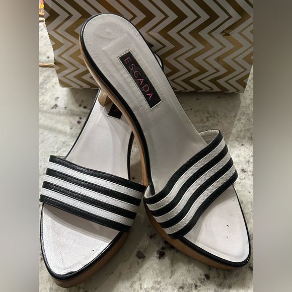 Escada | Shoes | Escada Black White Striped Peep Toe Heels Sandals ...